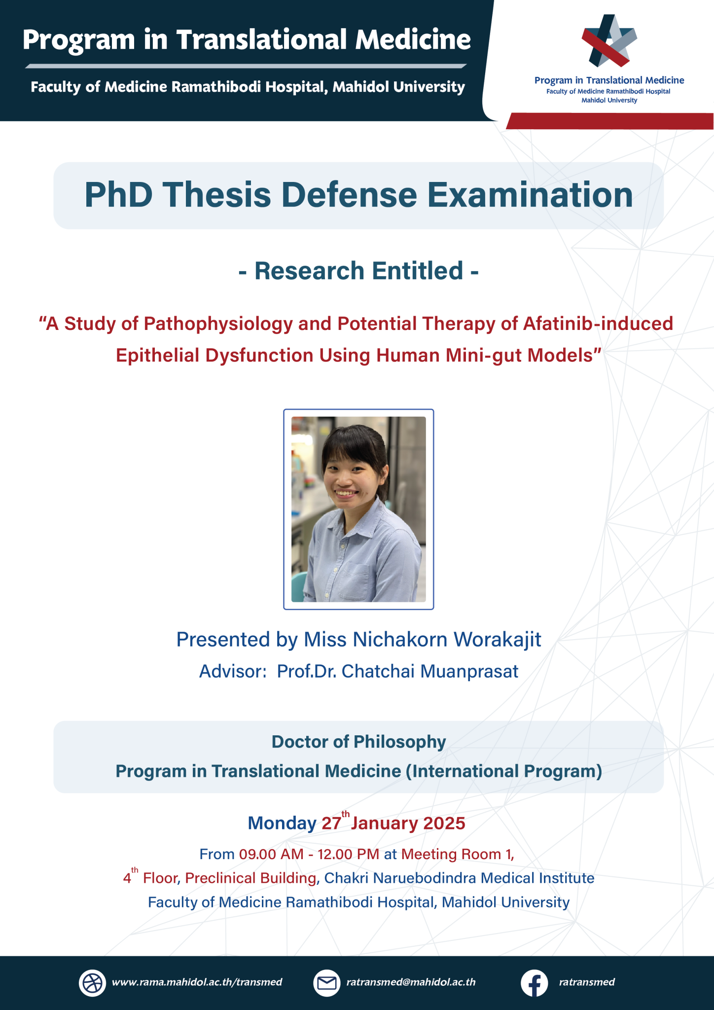 PhD Thesis Defense Examination_Miss Nichakorn Worakajit | Program in Translational Medicine ...